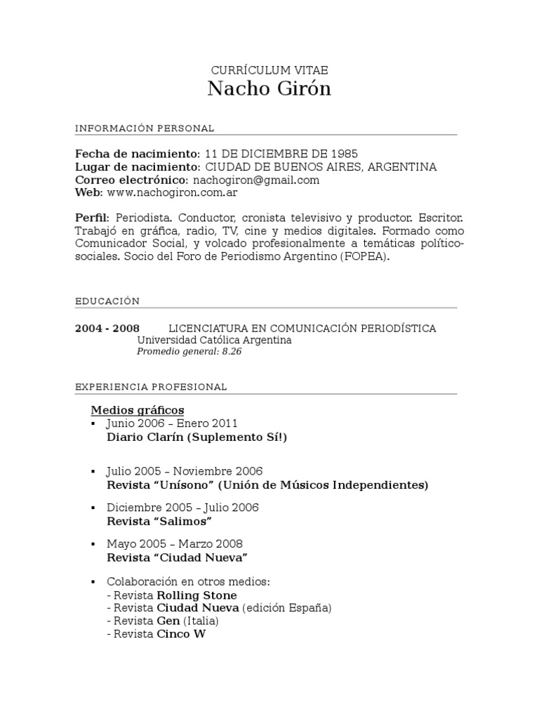 CV Nacho Giron (2015) | PDF | Buenos Aires | Periodismo