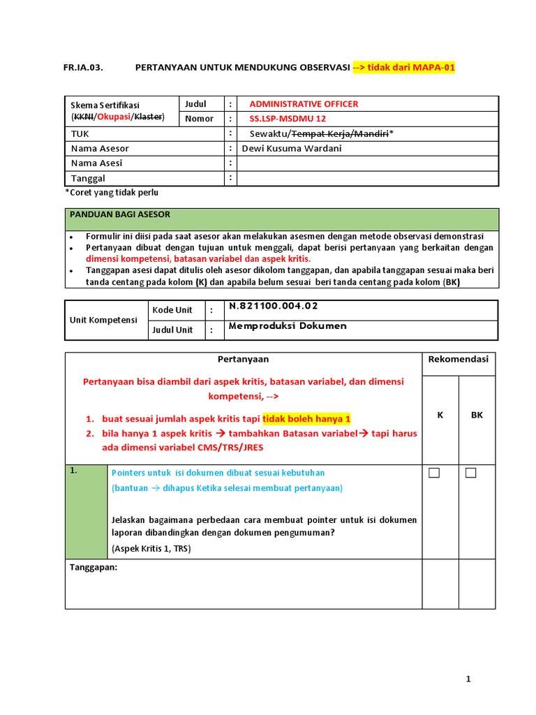 FR - IA.03 Pertanyaan Untuk Mendukung Observasi | PDF