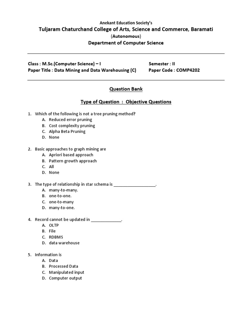 M.Sc. (Computer Science) Semester II Question Bank on Data Mining and Data Warehousing | PDF ...