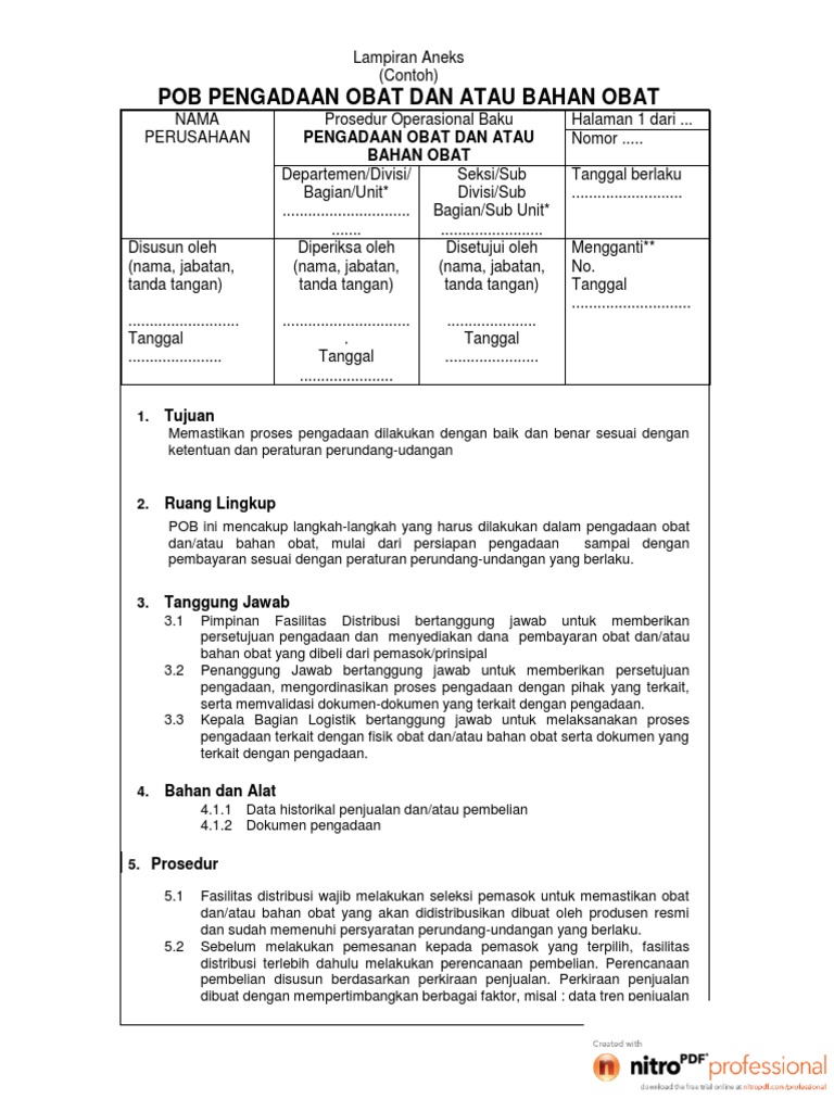 Lampiran 4.1 Contoh POB Pengadaan Obat Dan Atau Bahan Obat | PDF