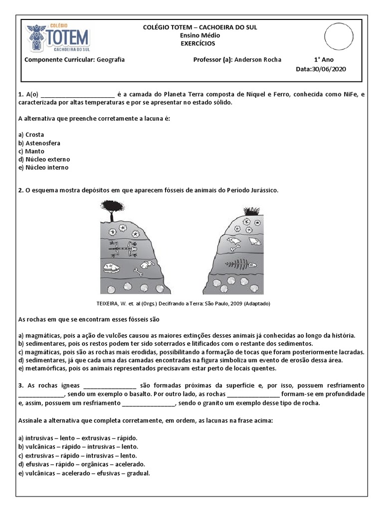 Exercícios - Camadas Da Terra e Rochas | PDF | Rochas (Geologia) | Terra