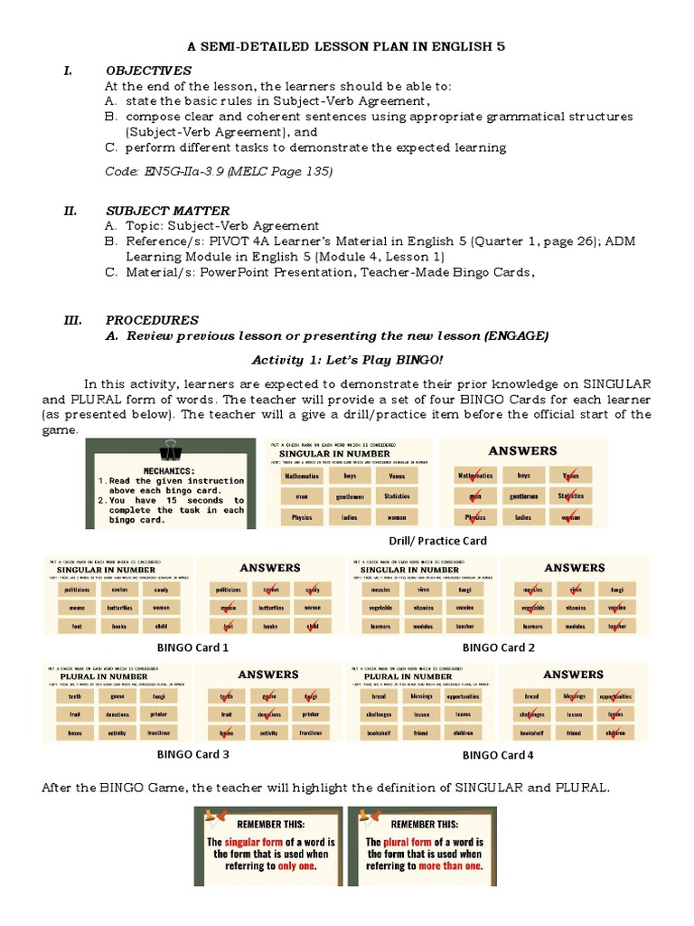 Lesson Plan in English 5 - Subject-Verb Agreement | PDF | Verb ...