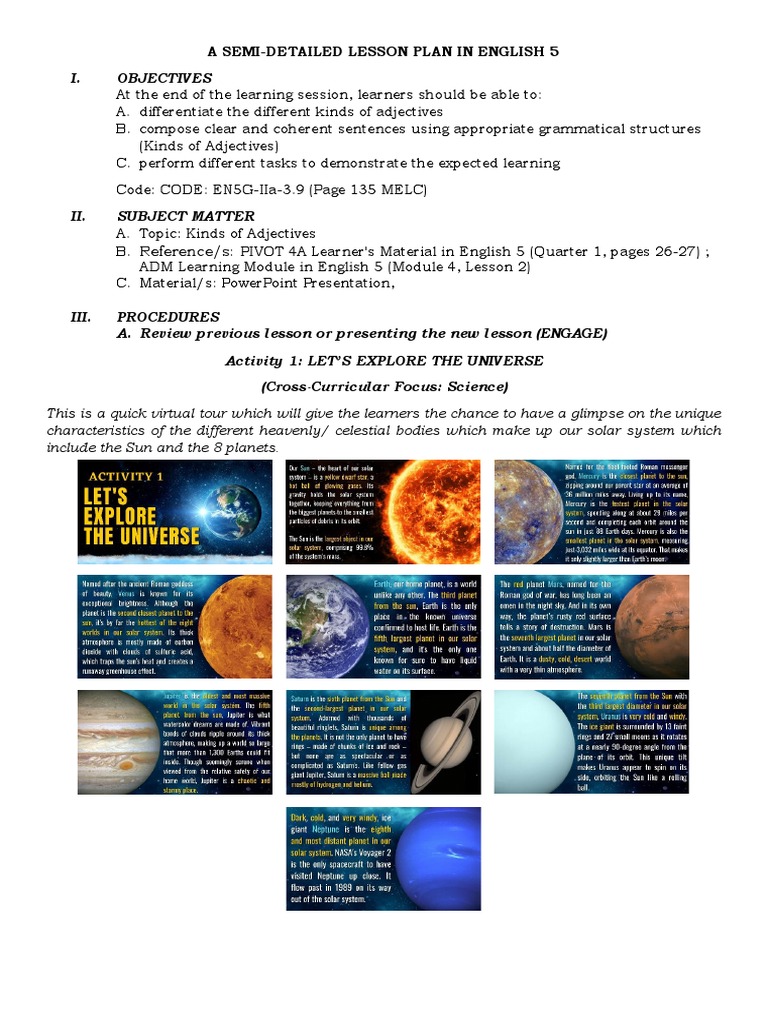 Lesson Plan in English 5 (Kinds of Adjectives) | PDF | Noun | Adjective