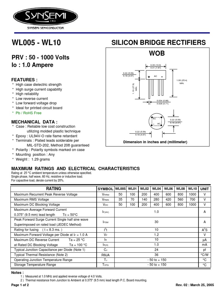 WL005 - WL10: Silicon Bridge Rectifiers WOB | PDF | Alternating Current ...
