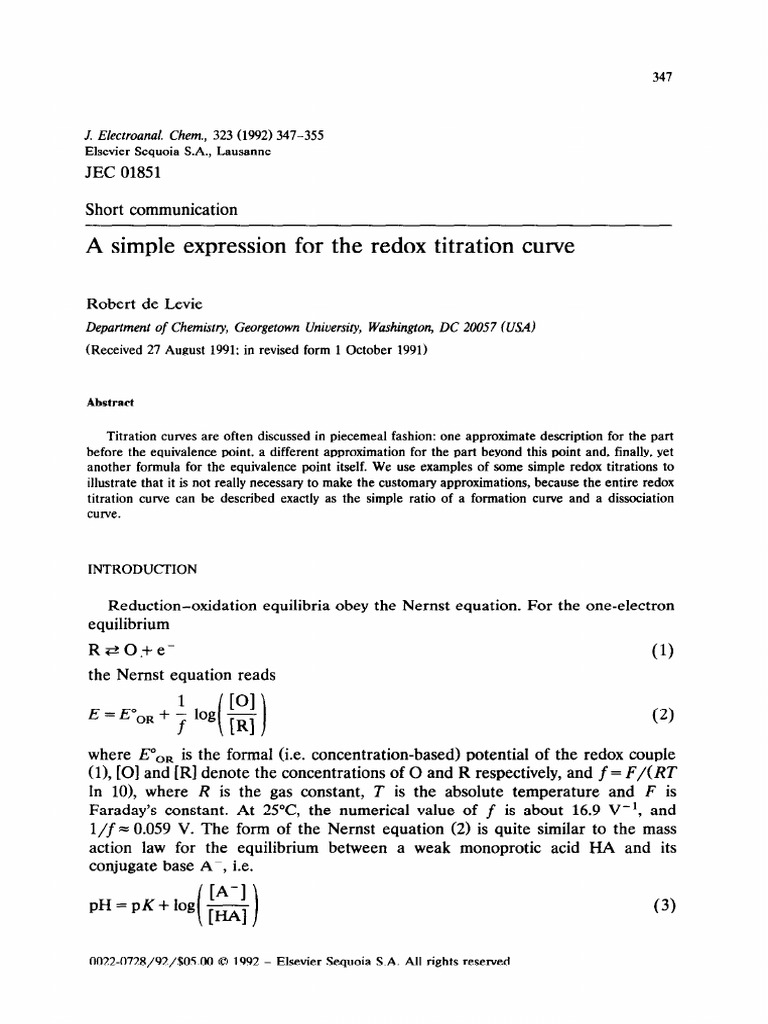 A Simple Expression For The Redox Titration Curve | PDF | Titration ...