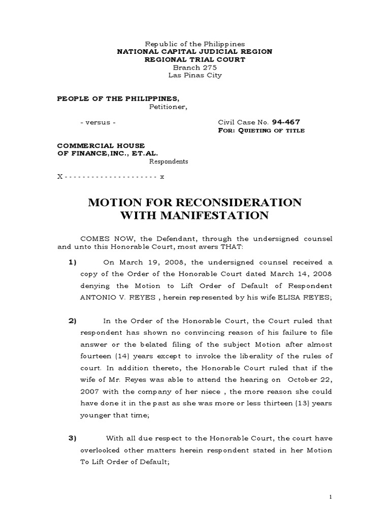 Motion For Reconsideration (In The Order of Default) | PDF | Lawsuit | Separation Of Powers