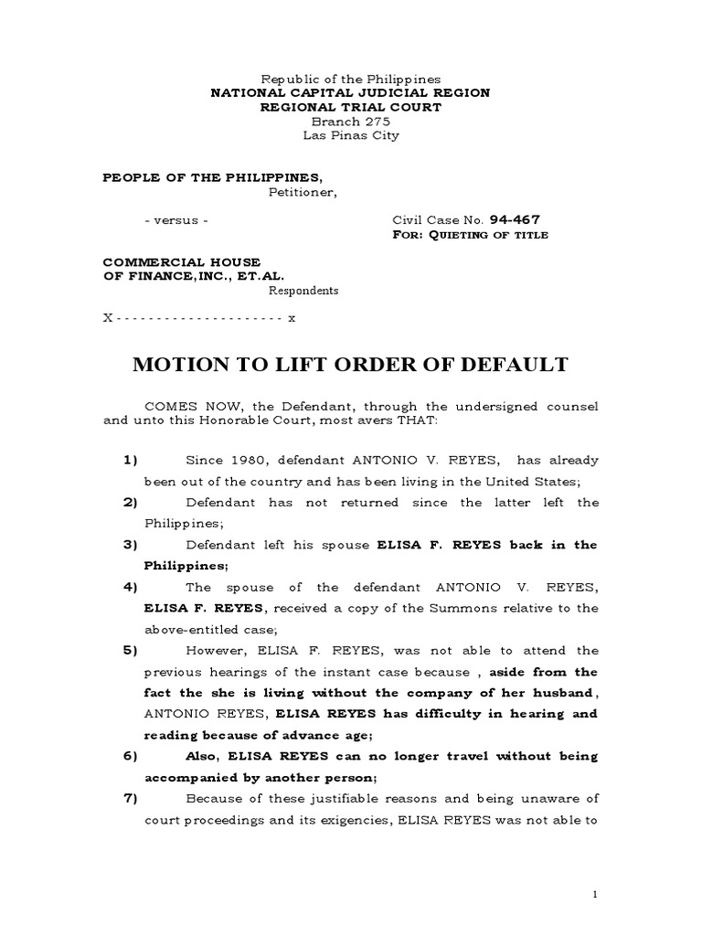 Motion To Lift Order of Default | PDF | Lawsuit | Affidavit