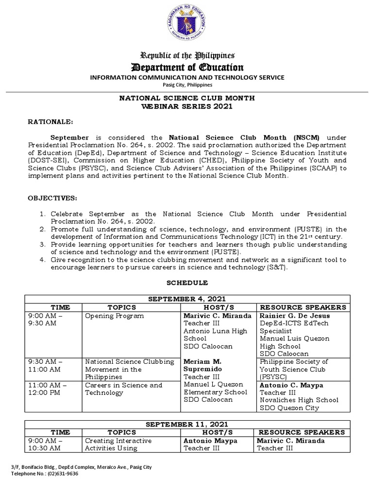 National Science Club Month Webinar Series 2021 | PDF | Manila | Learning