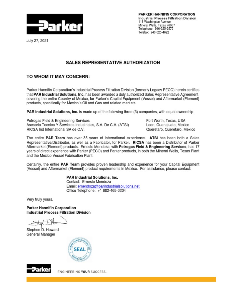 PAR Industrial Solutions-Authorization Letter 7-27-2021 | PDF