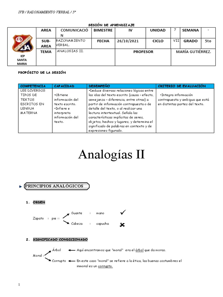 IV Bim R.V. 5to. Año Guía 2 Analogías II | PDF | Moralidad