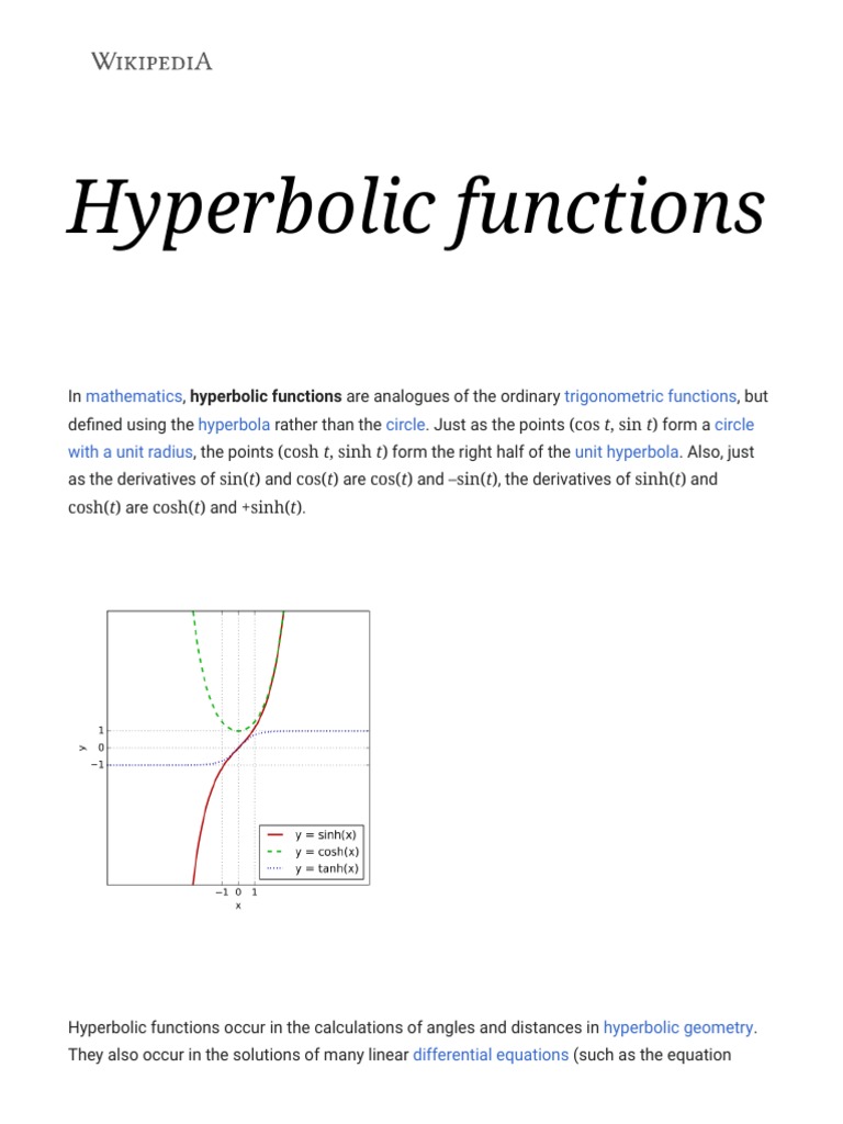 Overview of Hyperbolic Functions | PDF | Trigonometric Functions | Sine