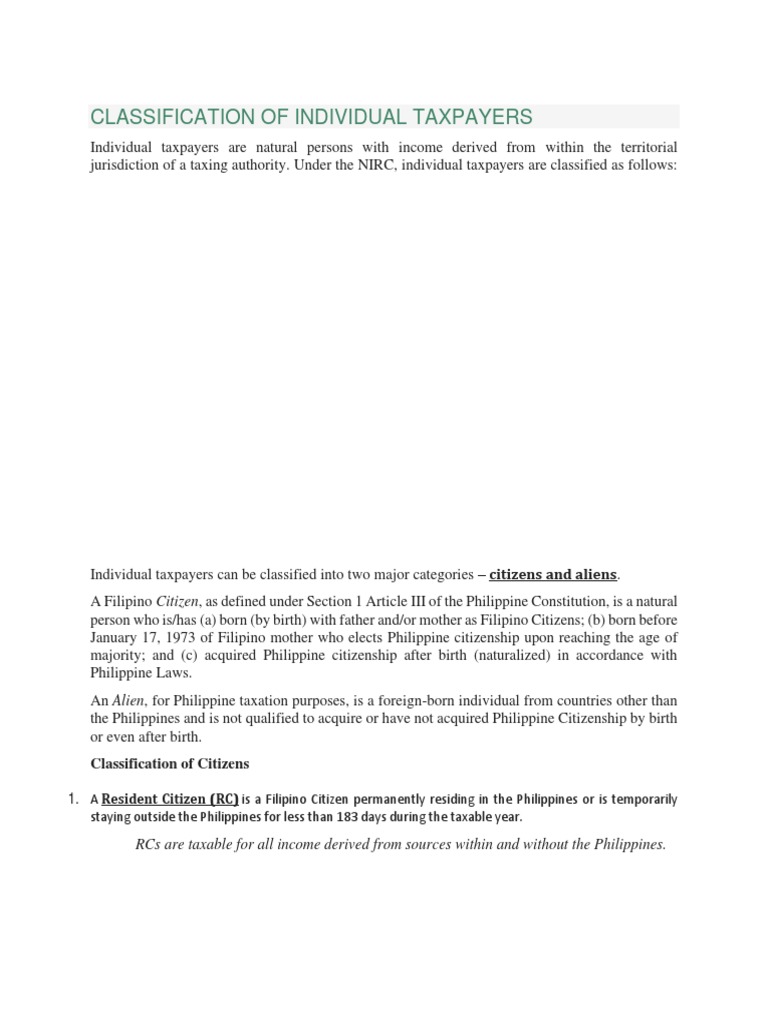 Classification of Individual Taxpayers | Download Free PDF | Capital ...
