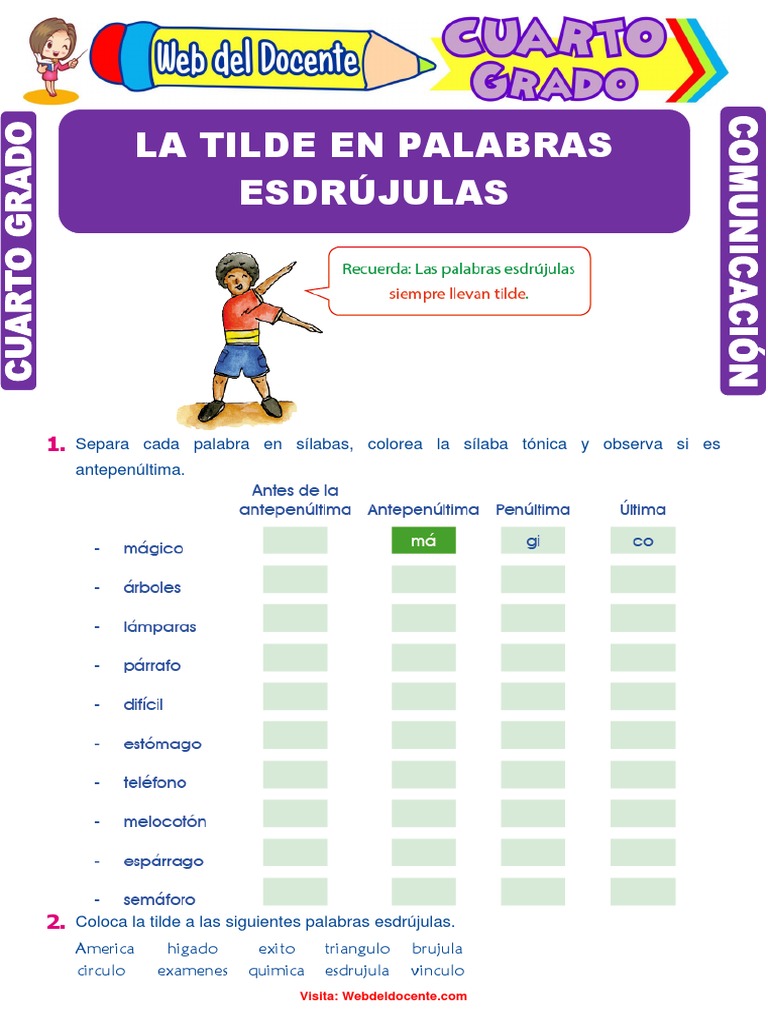 La Tilde en Palabras Esdrújulas para Cuarto Grado de Primaria | PDF