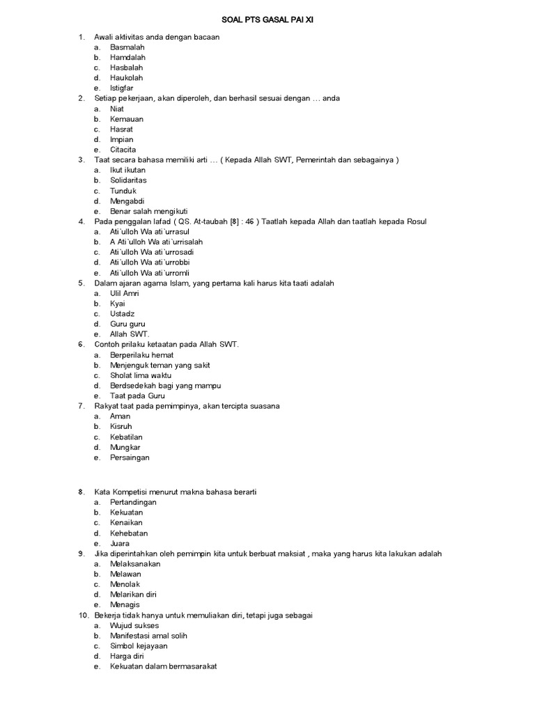 Latihan Soal PTS Gasal Pai Xi | PDF
