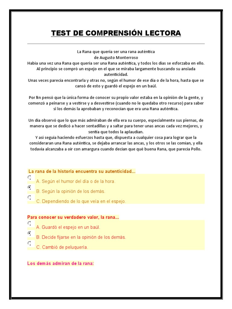 TEST DE COMPRENSIÓN LECTORA Resuelto | PDF