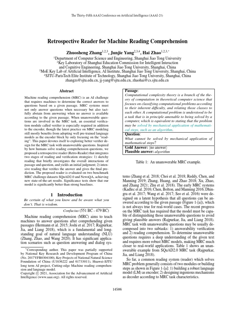 Retrospective Reader For Machine Reading Comprehension | PDF | P Value | Artificial Intelligence