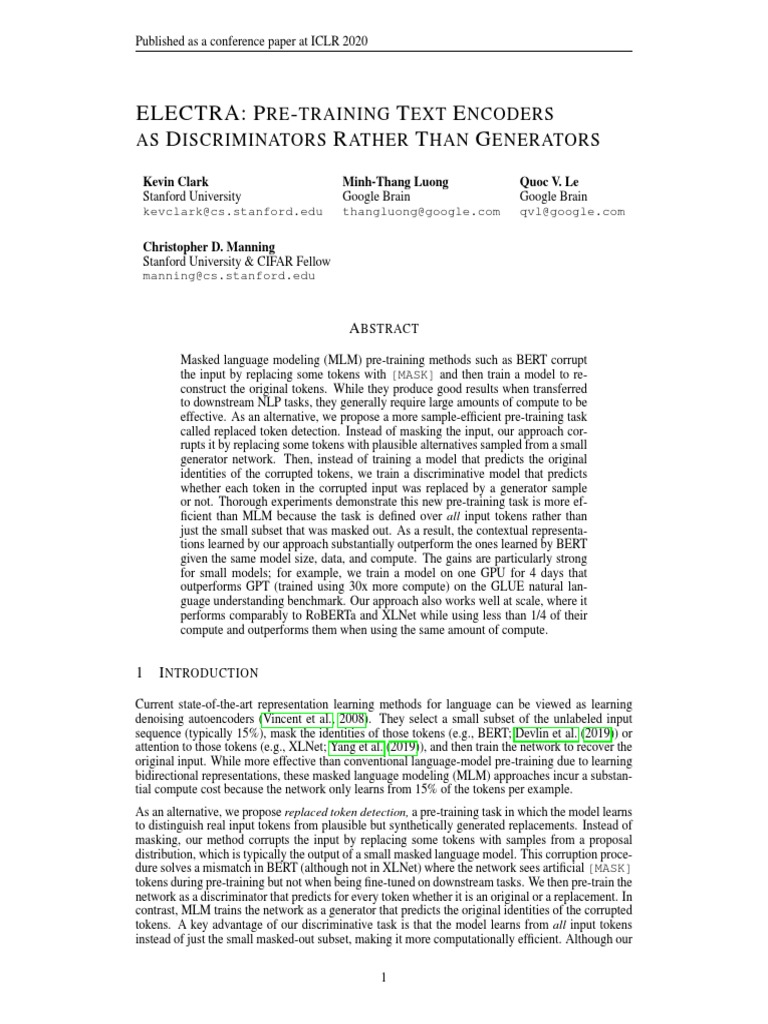 Electra Pre Training Text Encoders As Discriminators Rather Than ...