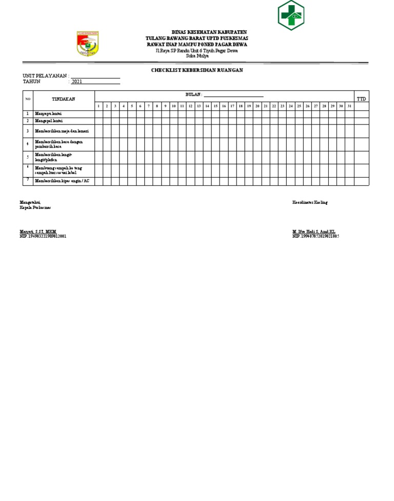 Checklist Kebersihan Ruangan 1 | PDF