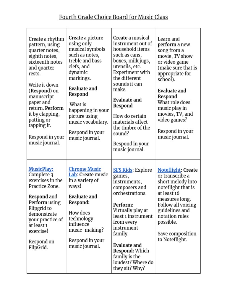 Fourth Grade Choice Board For Music Class-Maki | PDF | Clef | Musicology