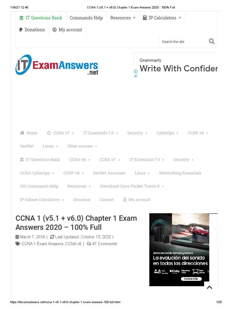 CCNA 1 (v5.1 + v6.0) Chapter 1 Exam Answers 2020 - 100% Full | PDF | Computer Network | Cisco ...