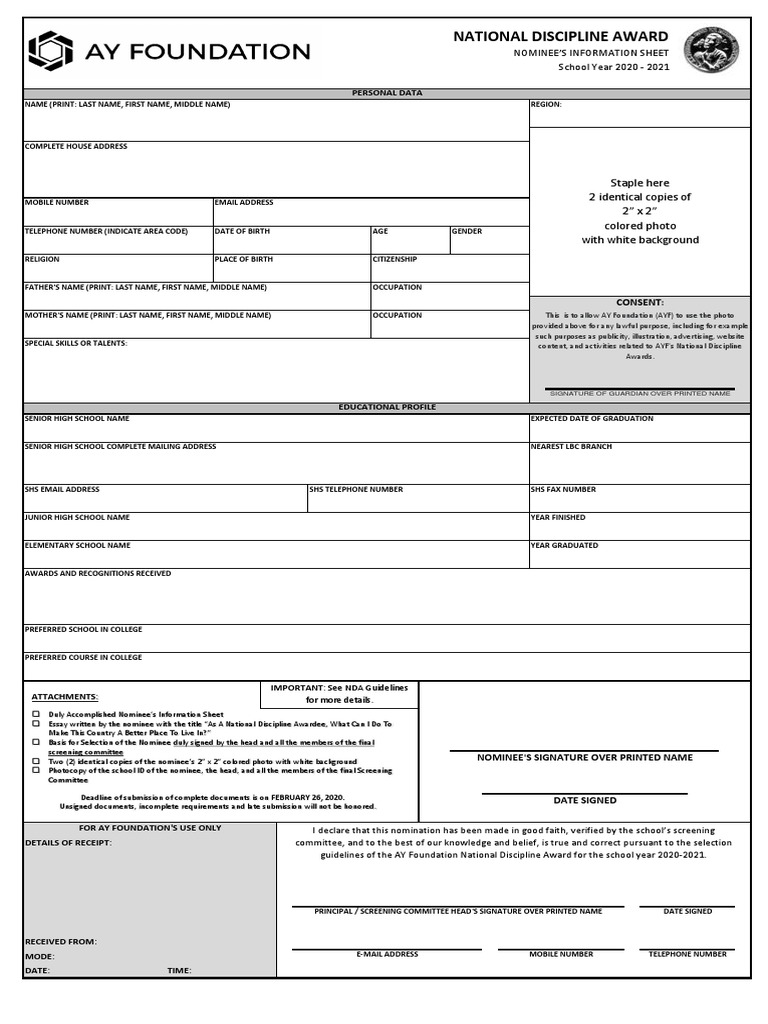 SY 2020-2021 NDA Nominee's Information Sheet | Download Free PDF ...
