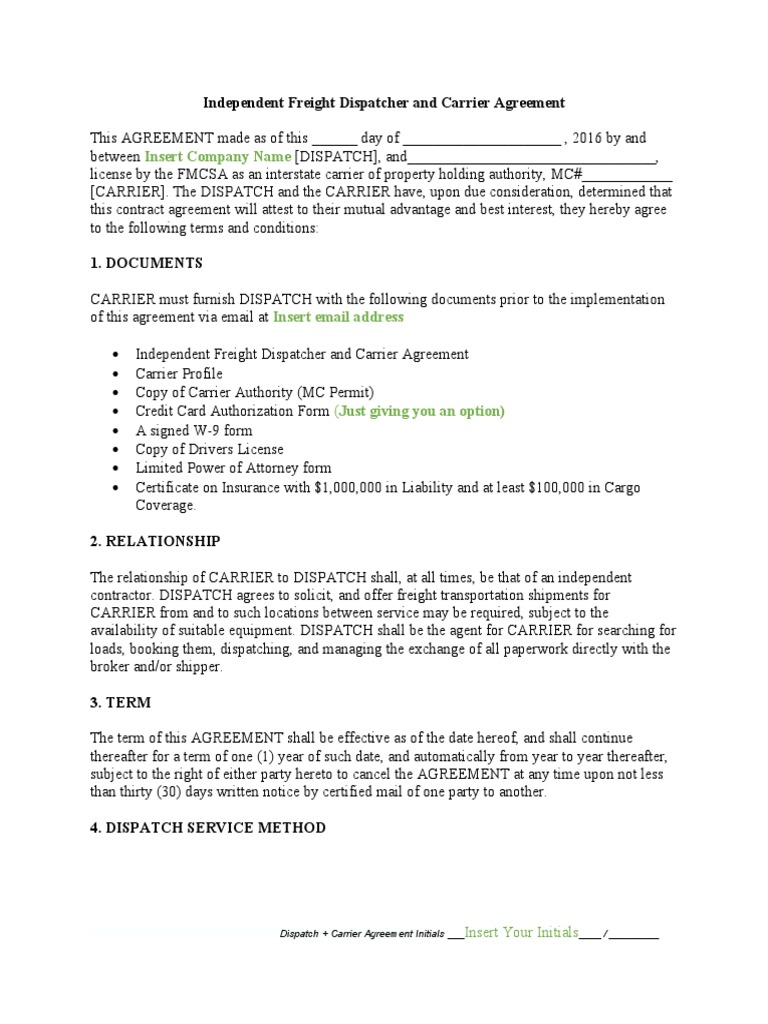 Independent Freight Dispatcher and Carrier Agreement | PDF | Cargo ...