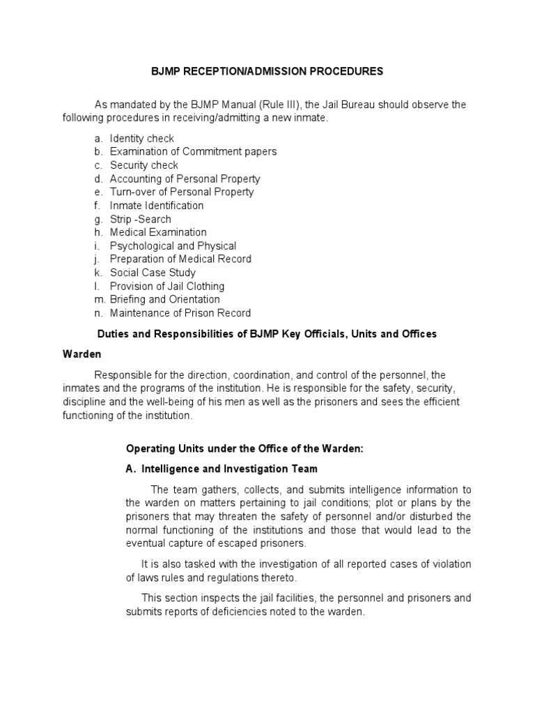 Procedures and Classifications for the Management of Prisoners at the ...