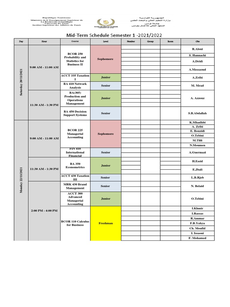 Mid-Term Schedule Semester 1 - 2021/2022: Day Hour Level Nember Group ...