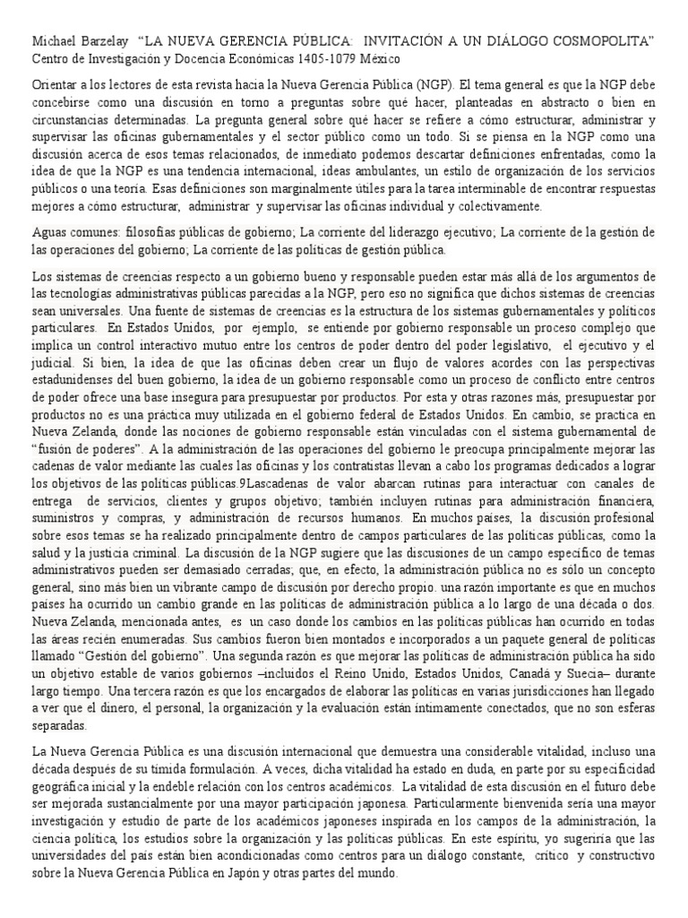 Sintesis Michael Barzelay “LA NUEVA GERENCIA PÚBLICA | PDF ...