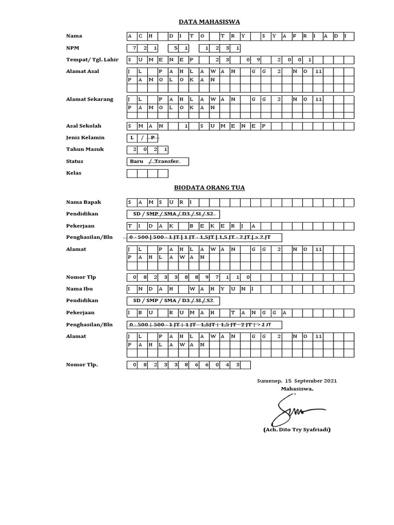 Form Data Mahasiswa Teknik Sipil | PDF