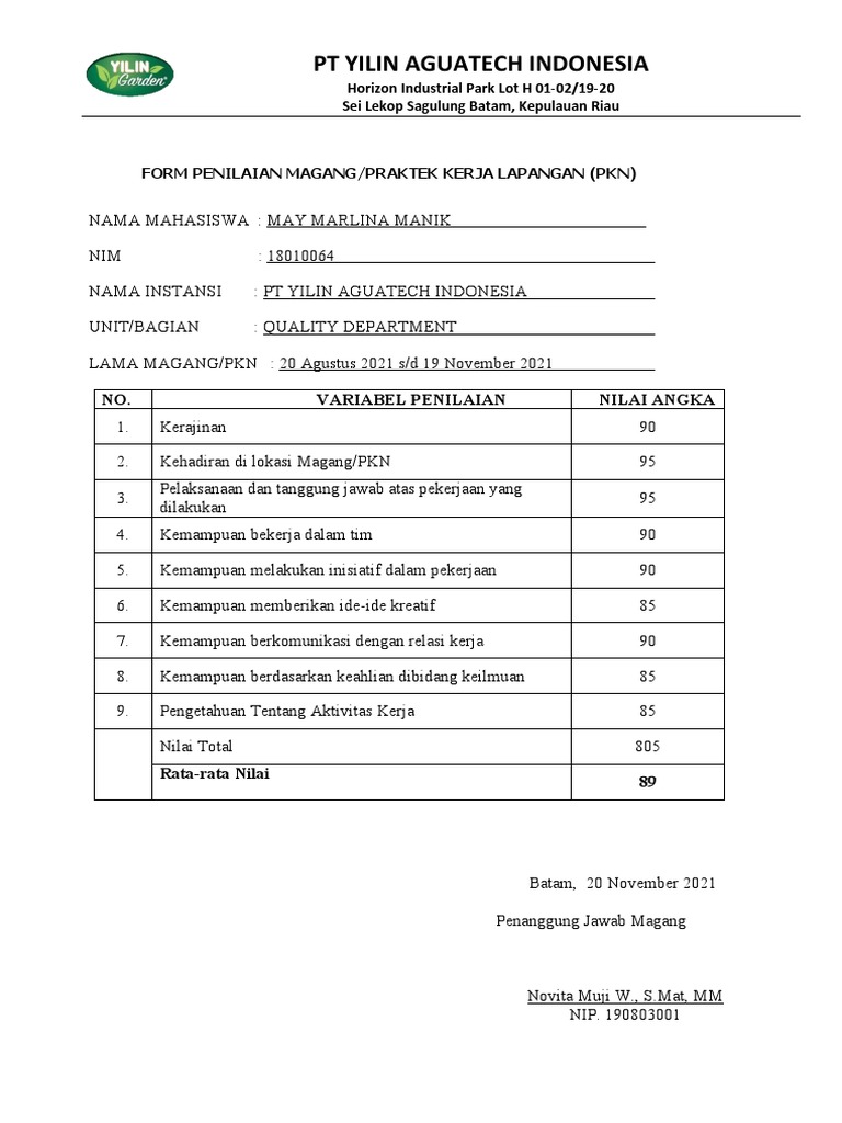 Form Penilaian Magang | PDF