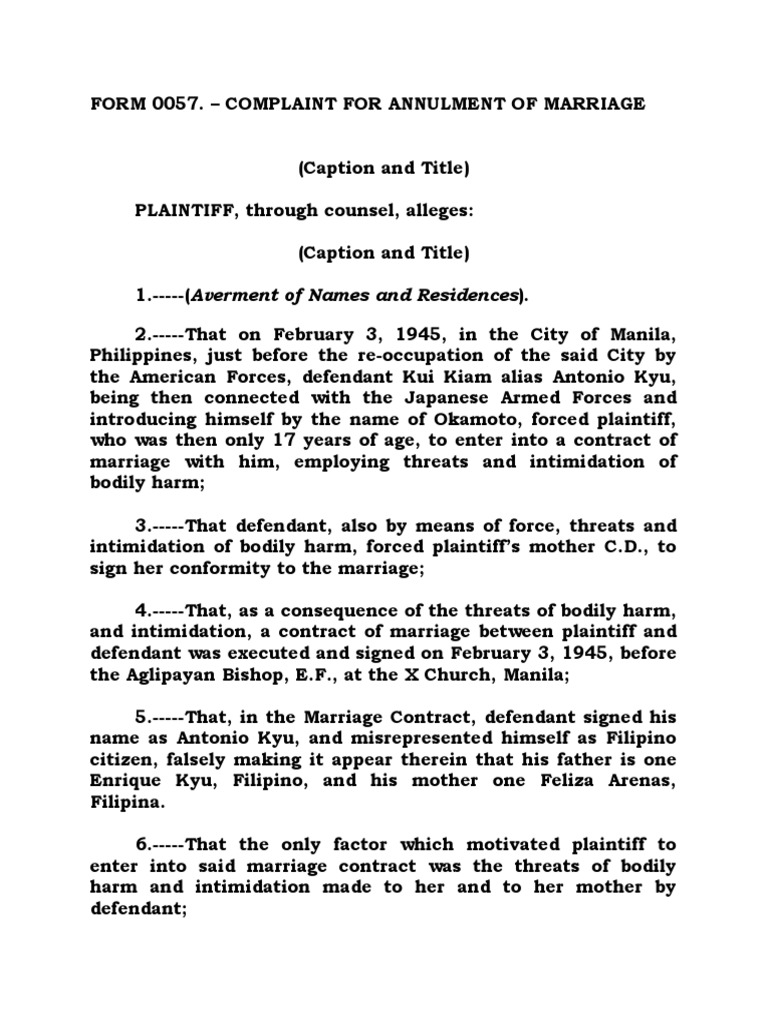Complaint For Annulment of Marriage | PDF