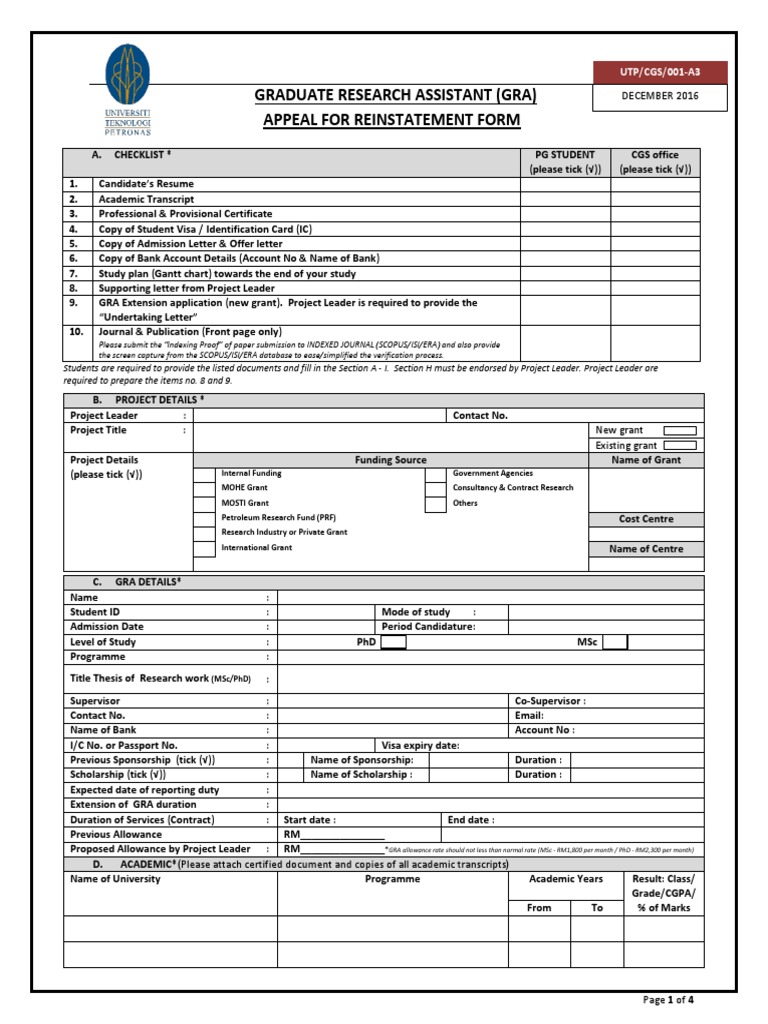 GRA Reinstatement Appeal Form | PDF | Thesis | Postgraduate Education