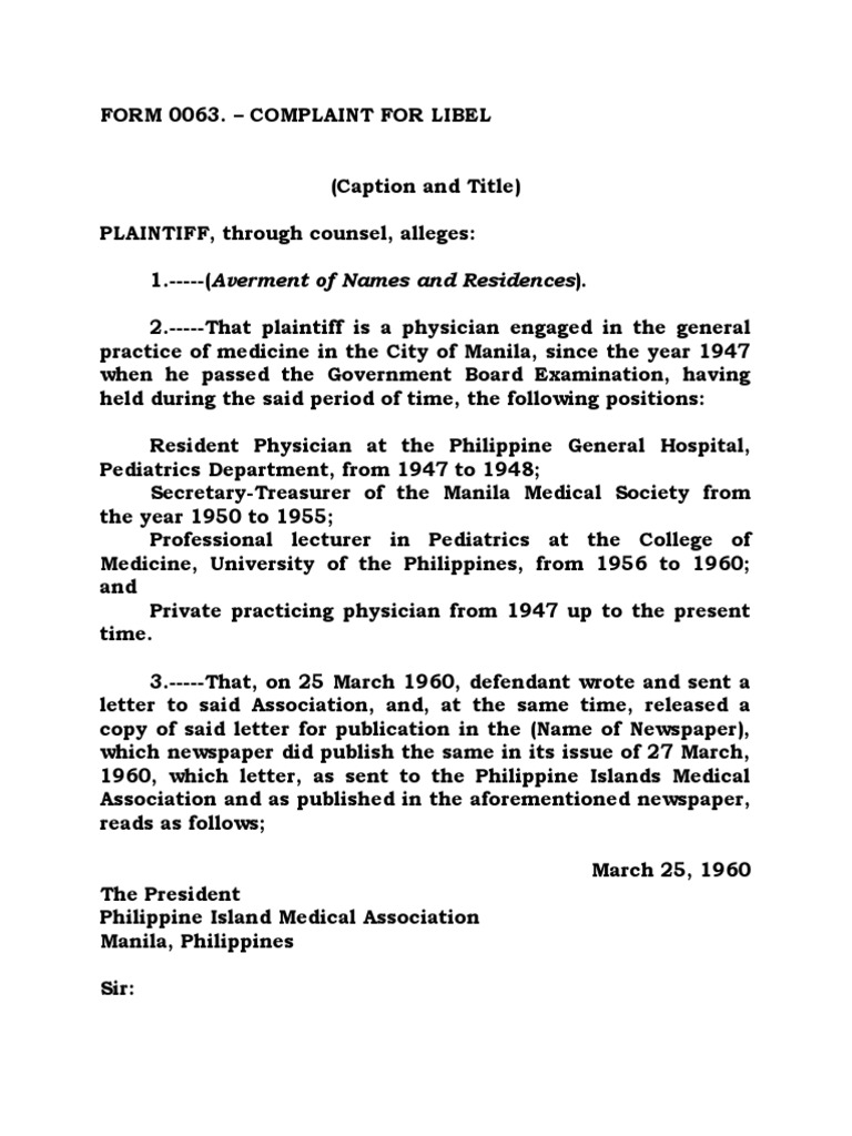 Complaint For Libel | PDF | Defamation | Physician