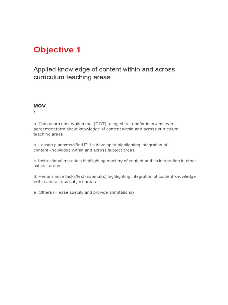 Objective 1: Applied Knowledge of Content Within and Across Curriculum ...