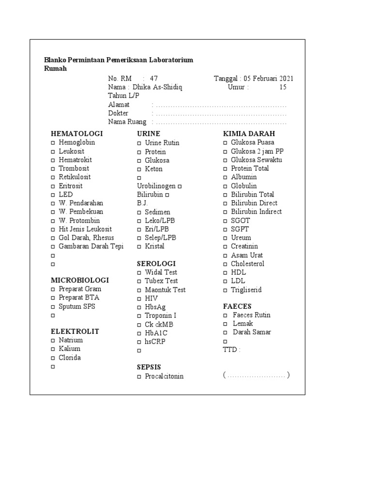 Blanko Permintaan Pemeriksaan Laboratorium | PDF
