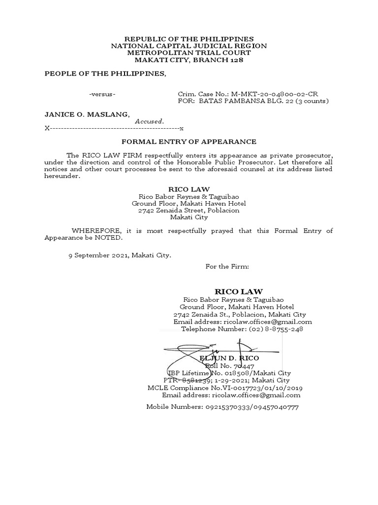 Formal Entry of Appearance for Maslang | PDF | Prosecutor | Legal ...