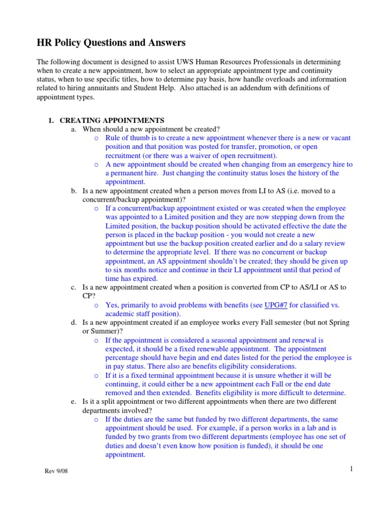 HR Policy Questions and Answers: 1. Creating Appointments | PDF ...