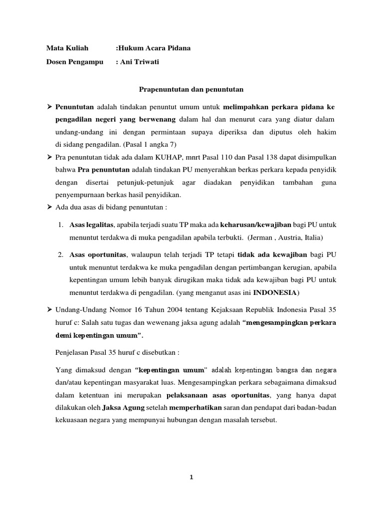 Pertemuan 7 Prapenuntutan, Penuntutan Dan Praperadilan | PDF | Hukum