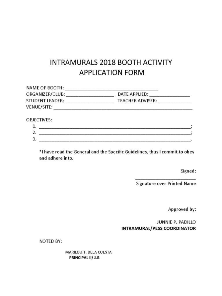 Intramurals 2018 Booth Activities Application Form | PDF