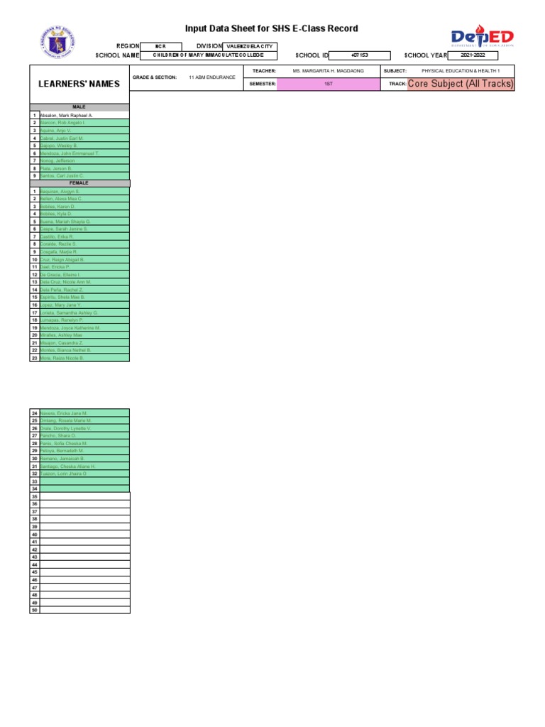 SHS E-Class Record: PE & Health 1 | PDF