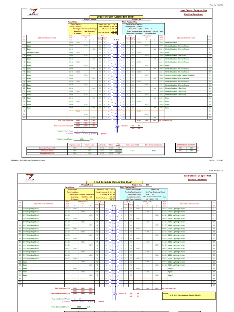 Load Schedule Calculation Sheet: Electrical Department Project Name ...