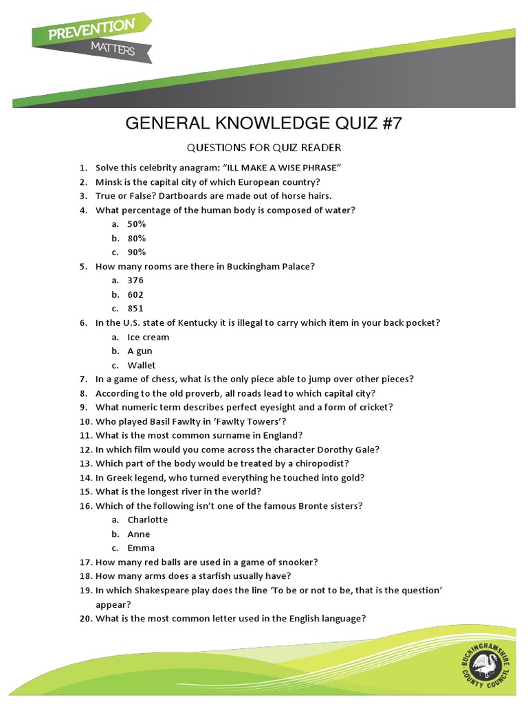 General Knowledge Quiz #7: Questions For Quiz Reader | PDF