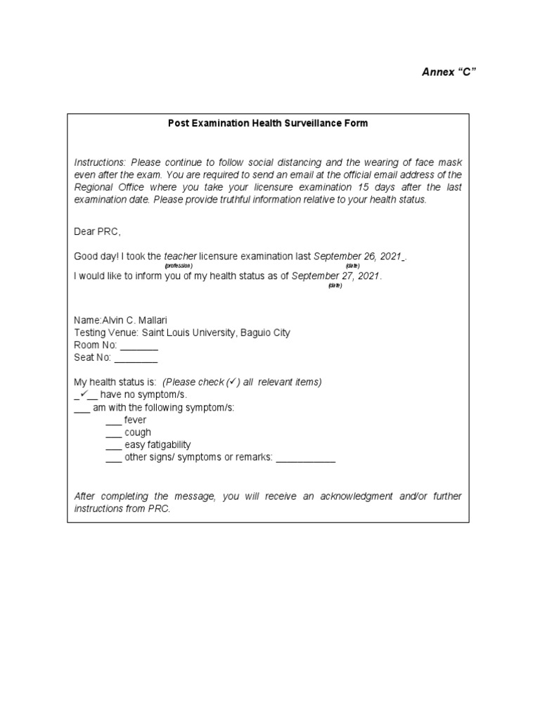 Post Examination Health Surveillance Form: Annex "C" | PDF