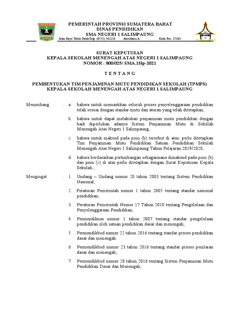 SK Tim Penjaminan Mutu Pendidikan Sekolah (TPMPS) Yang Dilengkapi Dengan Uraian Tugas Dan ...