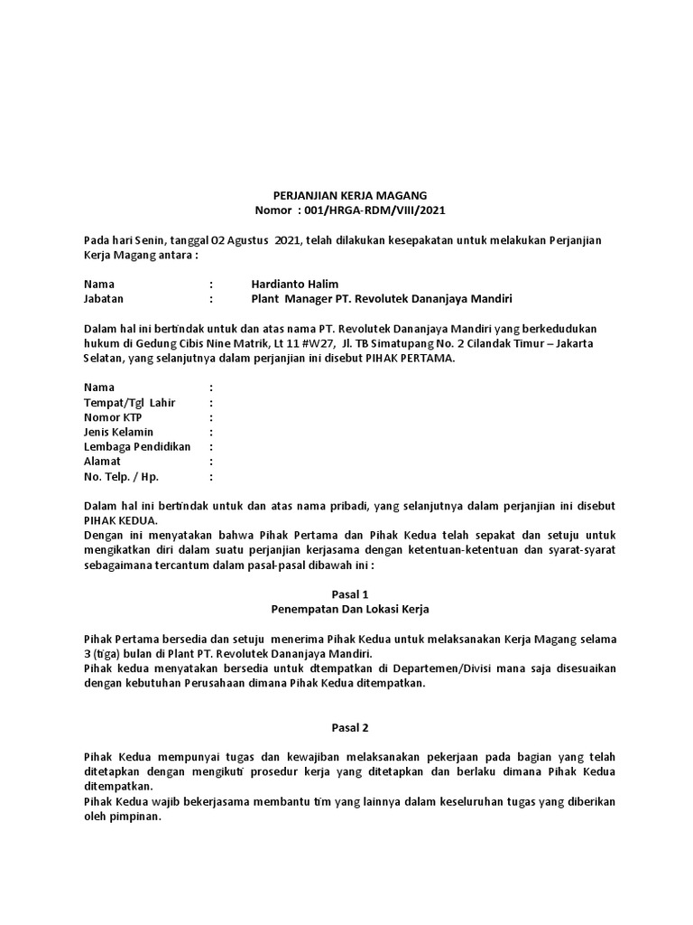 Perjanjian Kerja Magang | PDF