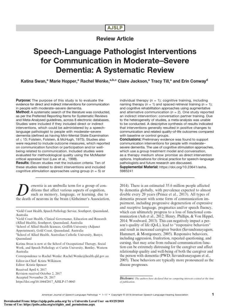 Speech-Language Pathologist Interventions For Communication in Moderate ...