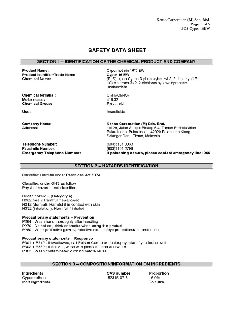 Safety Data Sheet: Section 1 - Identification of The Chemical Product and Company | PDF ...