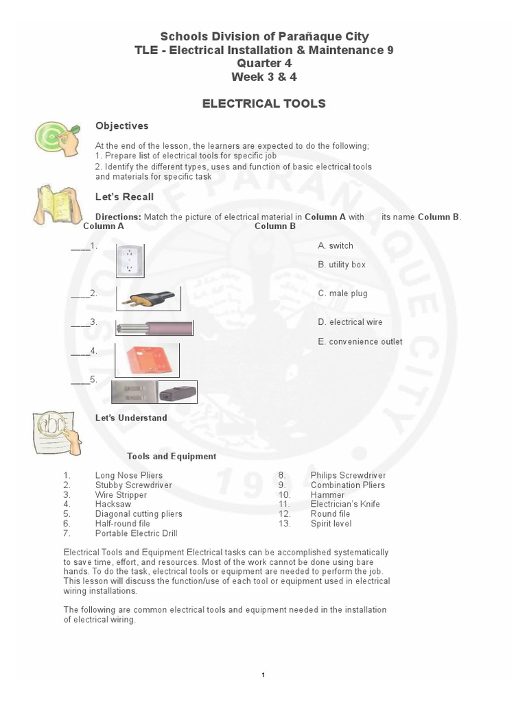 Schools Division of Parañaque City TLE - Electrical Installation ...