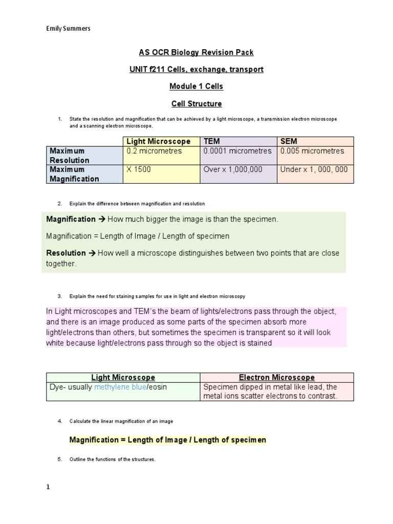As OCR Biology Revision Pack | PDF | Cell Membrane | Microscope